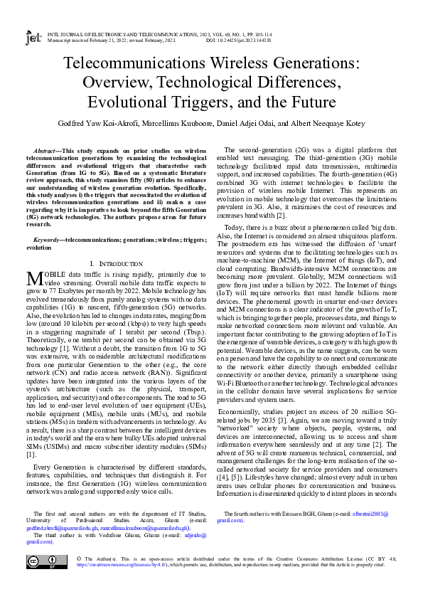(PDF) Telecommunications Wireless Generations: Overview, Technological ...