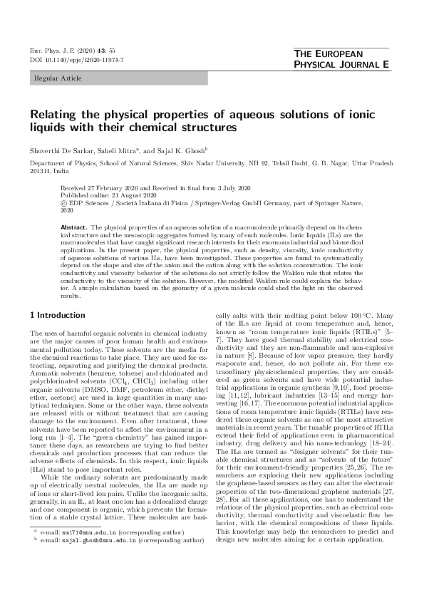 (PDF) THE EUROPEAN PHYSICAL JOURNAL E Relating the physical properties of aqueous solutions of ...