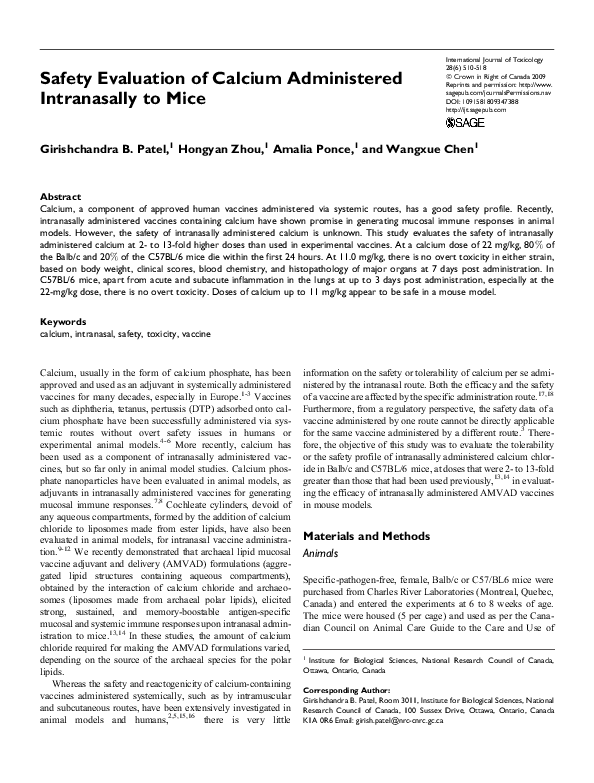 (PDF) Safety Evaluation of Calcium Administered Intranasally to Mice