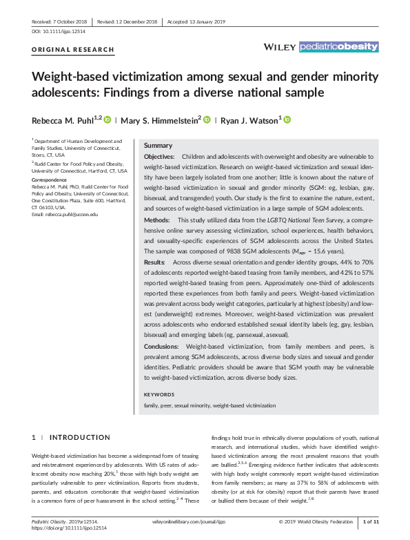 (PDF) Weight‐based victimization among sexual and gender minority adolescents: Findings from a ...