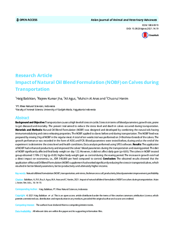 Impact of Natural Oil Blend Formulation (NOBF) on Calves during ...