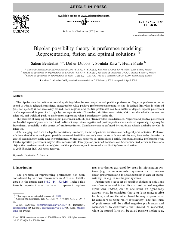 (PDF) Bipolar possibility theory in preference modeling: Representation, fusion and optimal ...