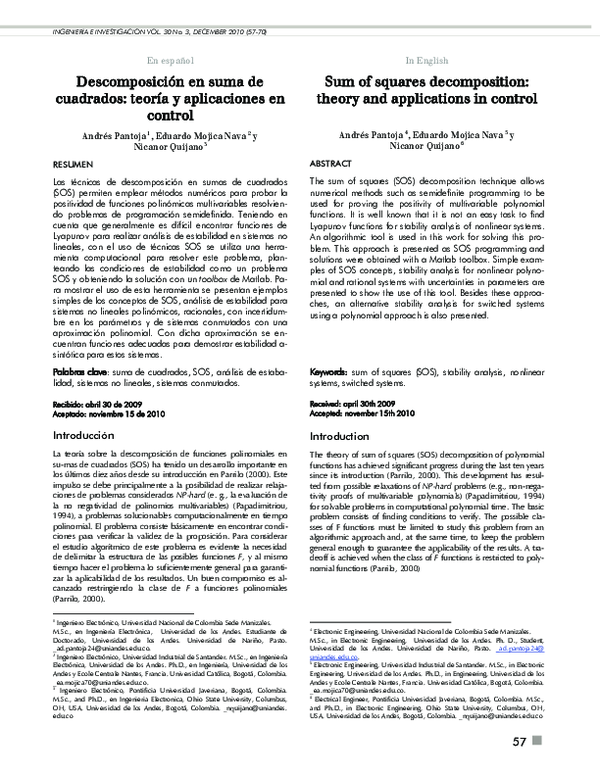 (PDF) Sum of squares decomposition: controltheory and applications