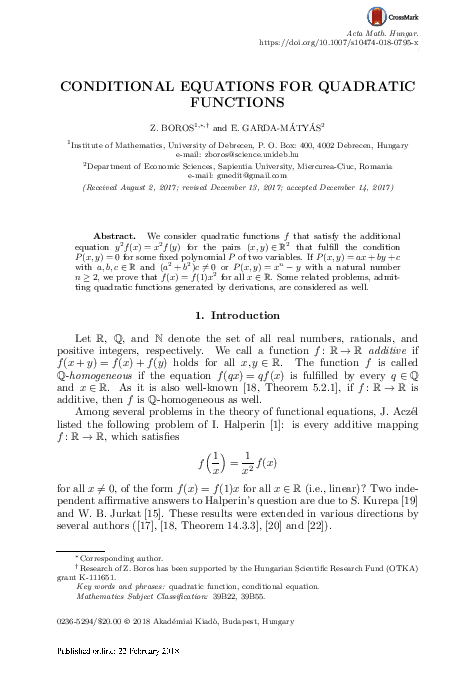 (PDF) Conditional equations for quadratic functions