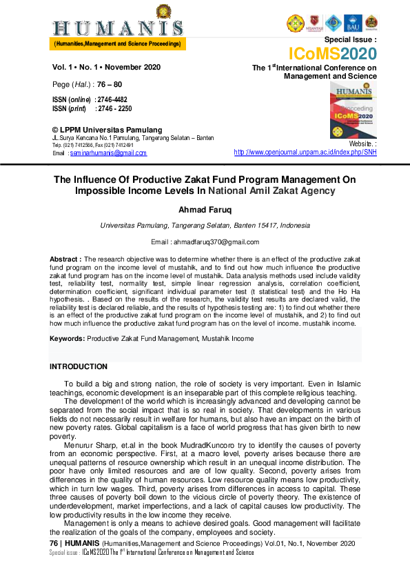 (PDF) The Influence Of Productive Zakat Fund Program Management On Impossible Income Levels In ...