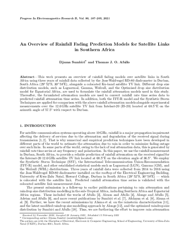 (PDF) An Overview of Rainfall Fading Prediction Models for Satellite Links in Southern Africa