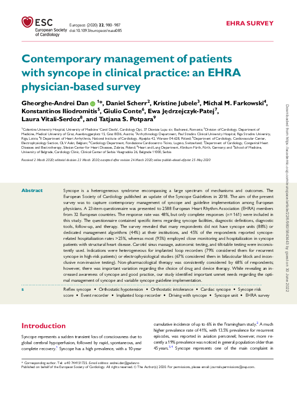 (PDF) Contemporary management of patients with syncope in clinical ...