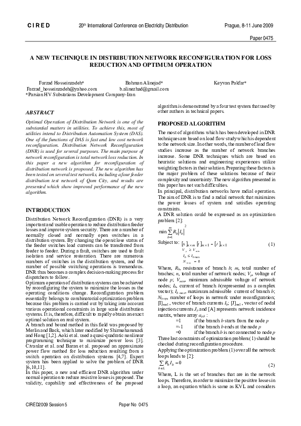 Pdf A New Technique In Distribution Network Reconfiguration For Loss Reduction And Optimum