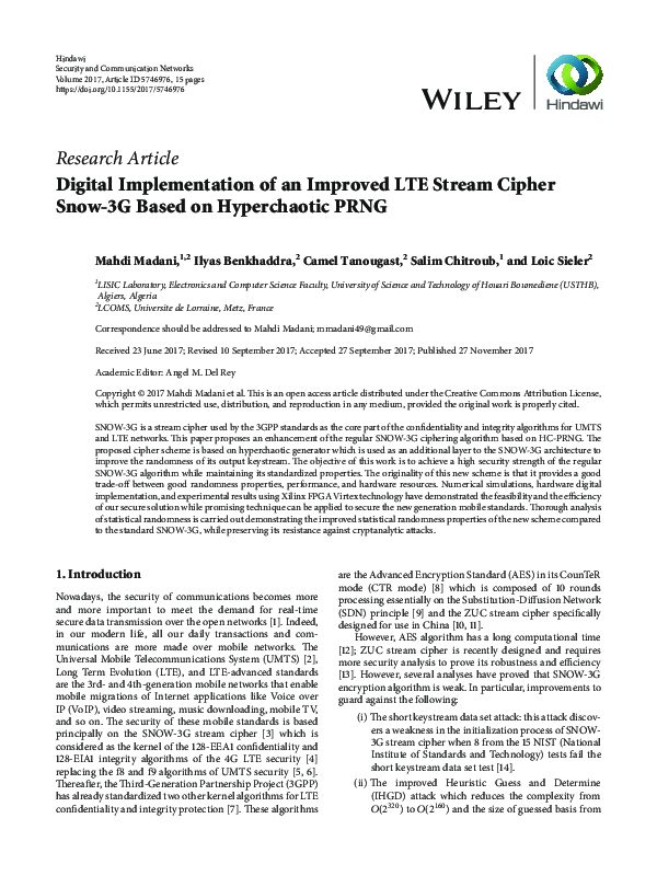 (PDF) Digital Implementation of an Improved LTE Stream Cipher Snow-3G Based on Hyperchaotic PRNG