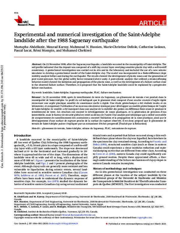 (PDF) Landslide Analysis Post-1988 Saguenay Quake