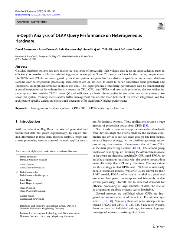 Pdf In Depth Analysis Of Olap Query Performance On Heterogeneous Hardware