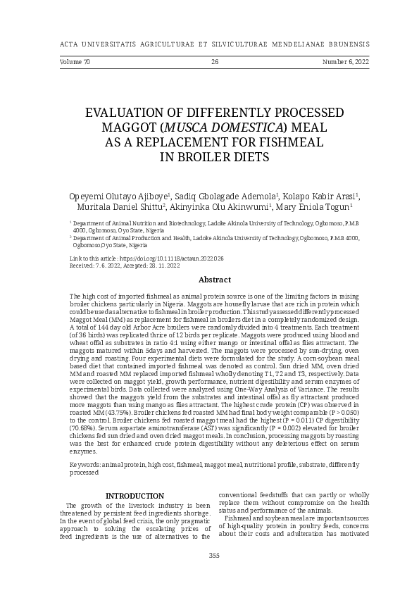 (PDF) Evaluation of Differently Processed Maggot (Musca domestica) Meal as a Replacement for ...