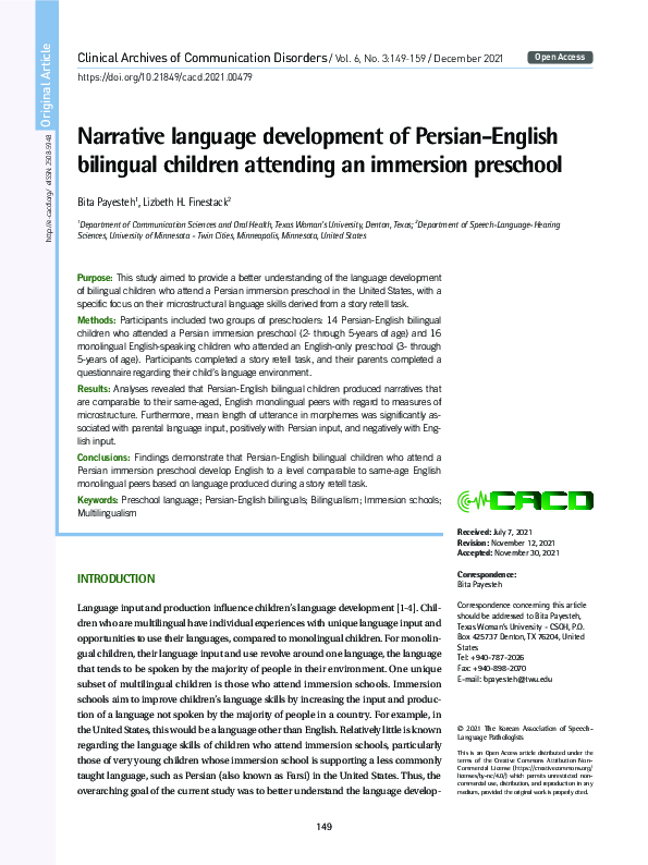 (PDF) Narrative language development of Persian-English bilingual children attending an ...