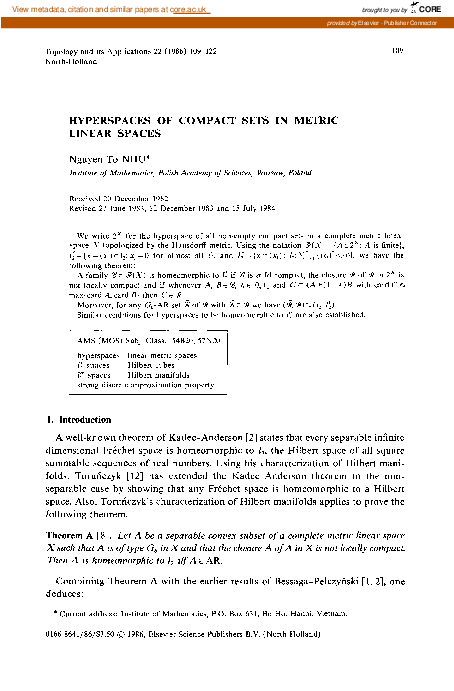 Pdf Hyperspaces Of Compact Sets In Metric Linear Spaces