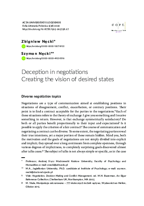 (PDF) Deception in negotiations. Creating the vision of desired states