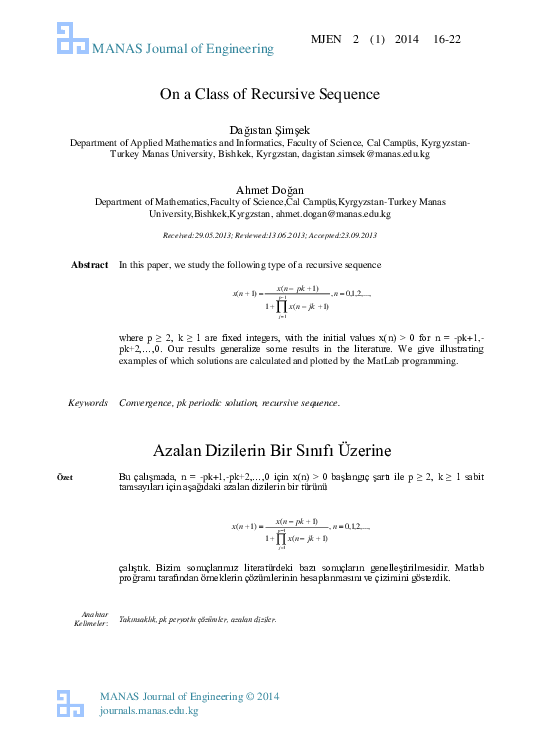 (PDF) On A Class Of Recursive Sequence