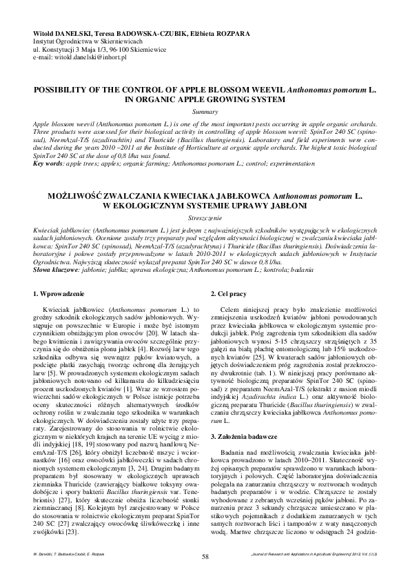 (PDF) Possibility of the control of apple blossom weevil Anthonomus ...