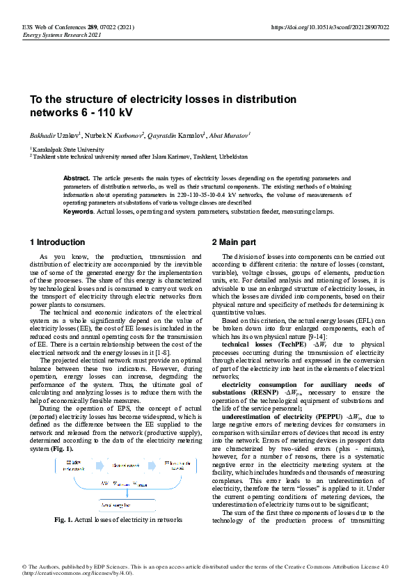 Pdf To The Structure Of Electricity Losses In Distribution Networks 6 110 Kv