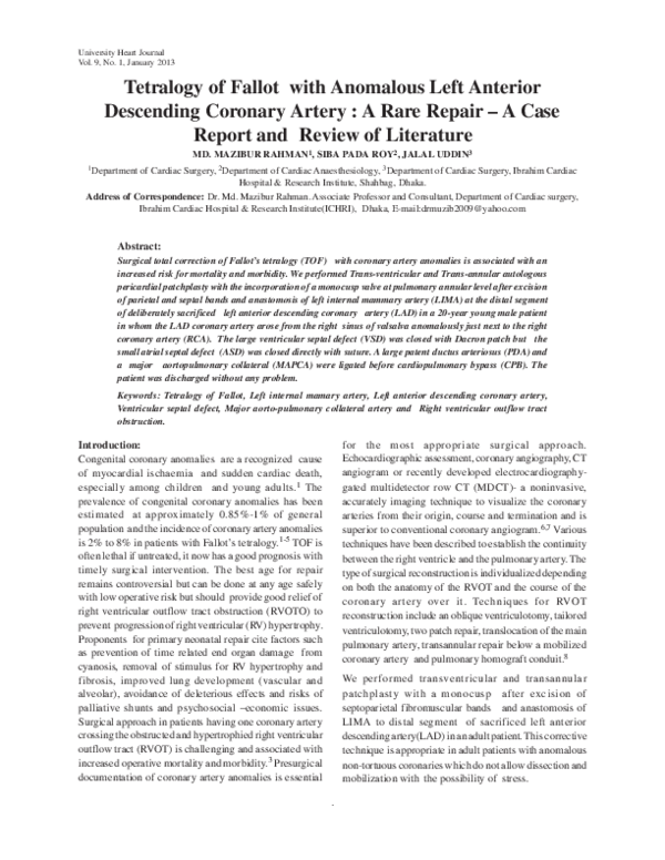 (PDF) Tetralogy of Fallot with Anomalous Left Anterior Descending Coronary Artery : A Rare ...