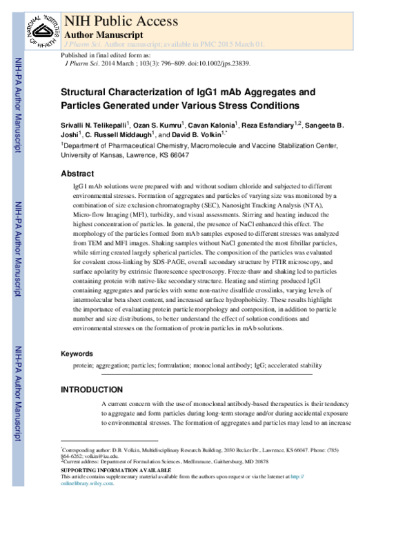 Pdf Structural Characterization Of Igg1 Mab Aggregates And Particles Generated Under Various