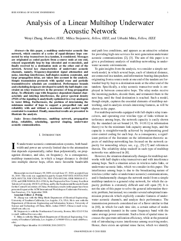 (PDF) Analysis of a Linear Multihop Underwater Acoustic Network | Milica Stojanovic - Academia.edu