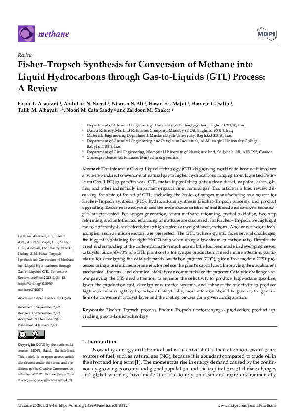 (PDF) Fisher–Tropsch Synthesis for Conversion of Methane into Liquid ...