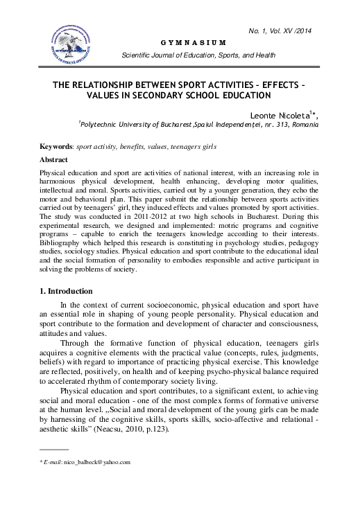 (PDF) The Relationship Between Sport Activities – Effects – Values in ...