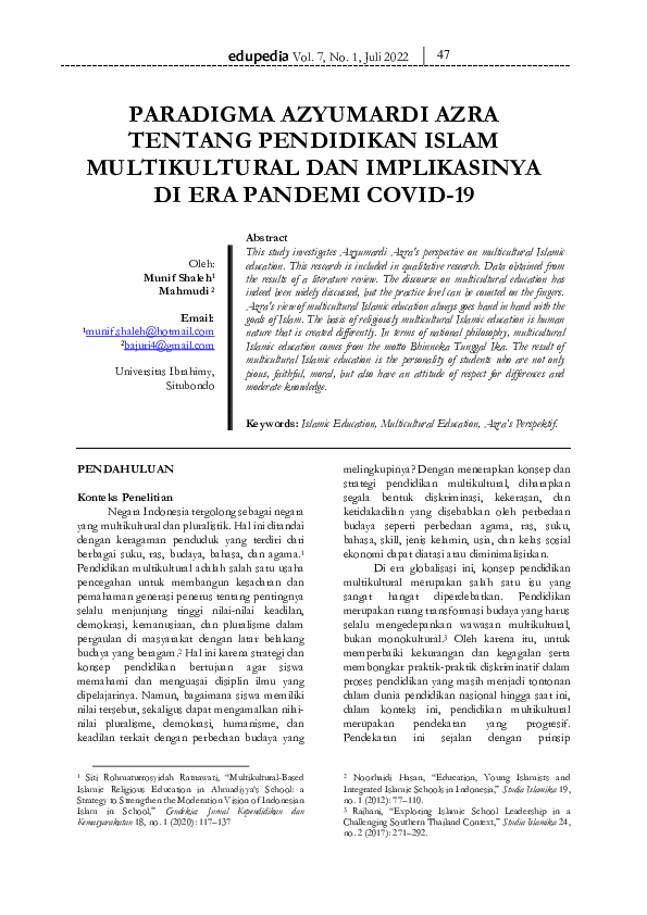 (PDF) Paradigma Azyumardi Azra Tentang Pendidikan Islam Multikultural dan Implikasinya di Era ...