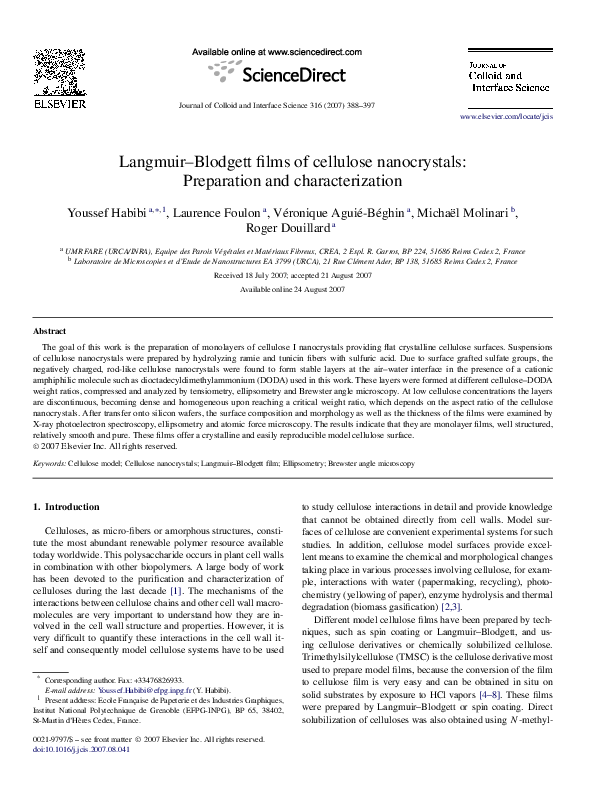 (PDF) Langmuir–Blodgett films of cellulose nanocrystals: Preparation ...