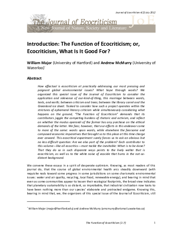 (PDF) Introduction to Special Issue: The Function of Ecocriticism; or ...