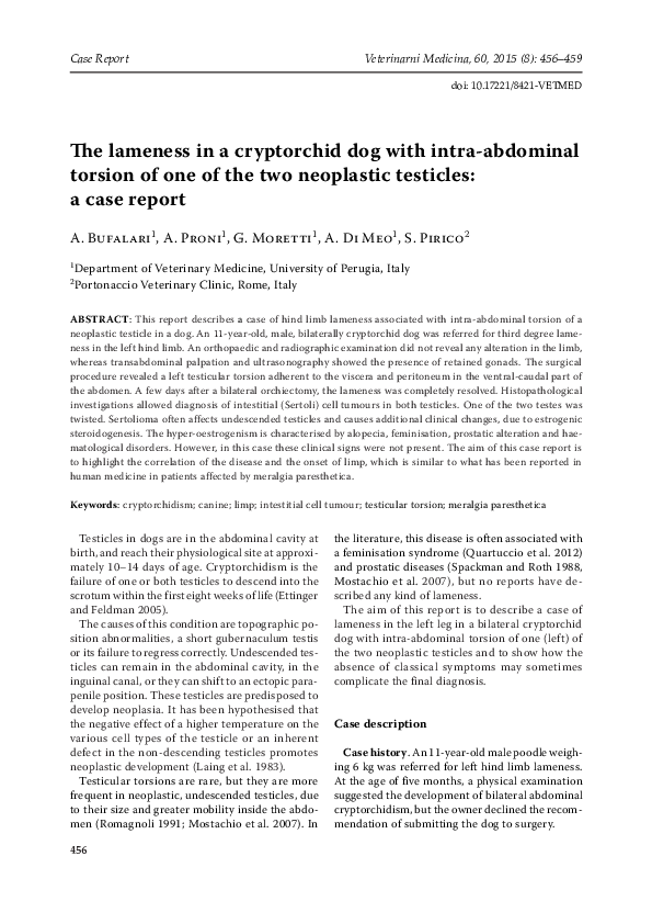 (PDF) The lameness in a cryptorchid dog with intra-abdominal torsion of ...