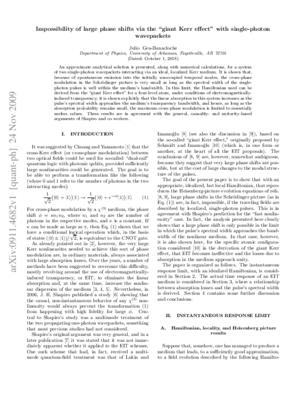 (PDF) Impossibility of large phase shifts via the giant Kerr effect with single-photon wave packets