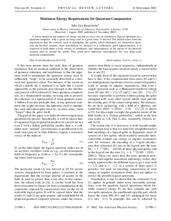 (PDF) Minimum Energy Requirements for Quantum Computation
