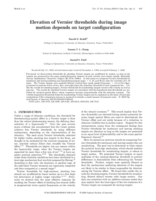 (PDF) Elevation of Vernier thresholds during image motion depends on ...
