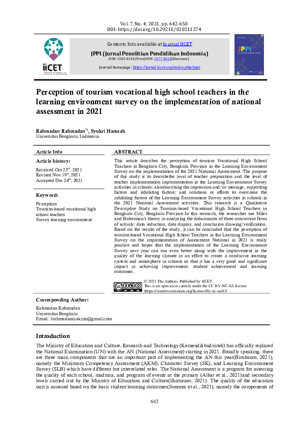 (PDF) Perception of tourism vocational high school teachers in the ...