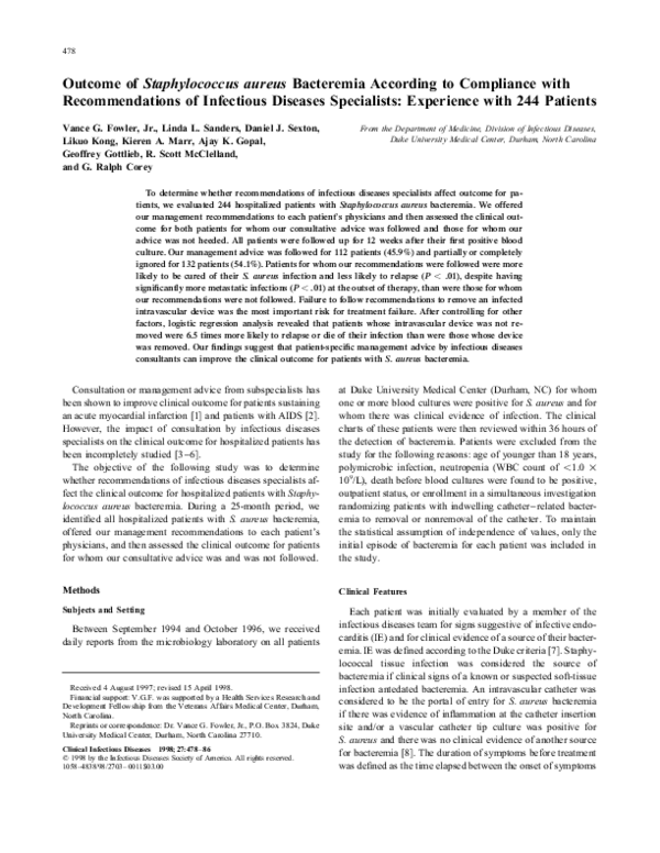 Pdf Outcome Of Staphylococcus Aureus Bacteremia According To Compliance With Recommendations