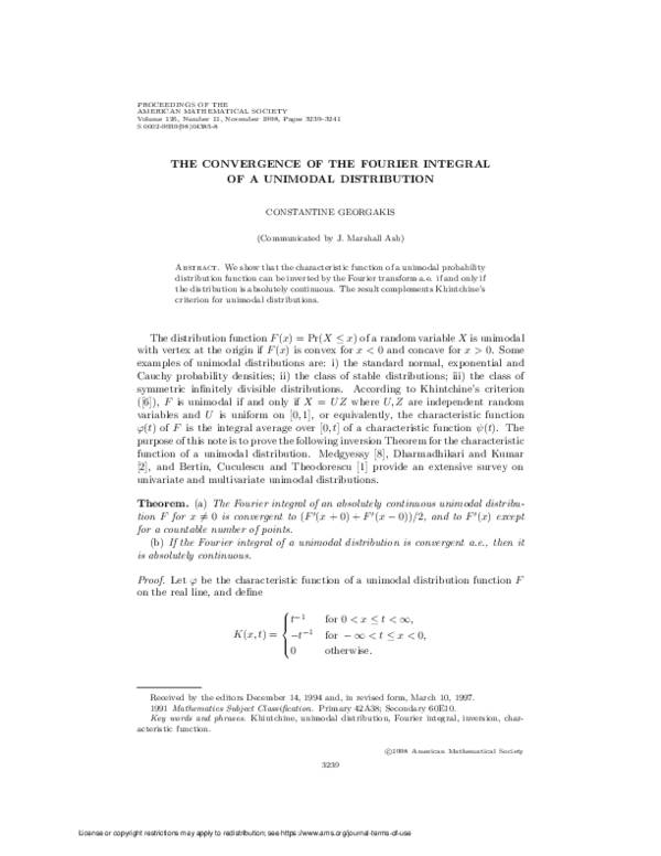 (PDF) The convergence of the Fourier integral of a unimodal distribution