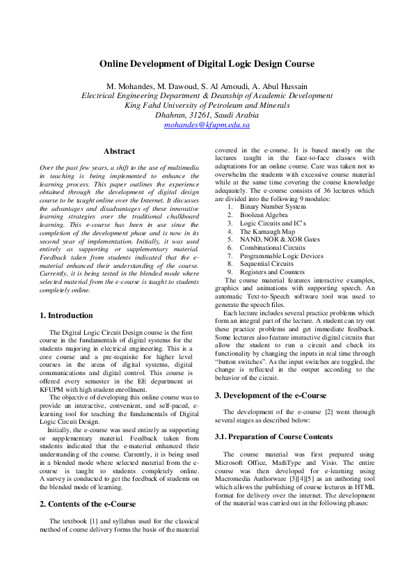 Pdf Online Development Of Digital Logic Design Course Mohamed Mohandes 