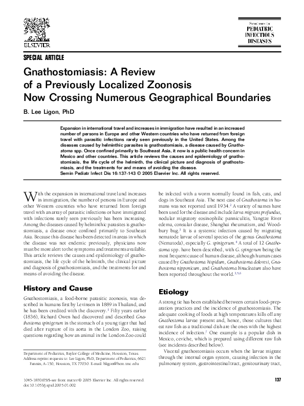 (PDF) Gnathostomiasis: A review of a previously localized zoonosis now crossing numerous ...