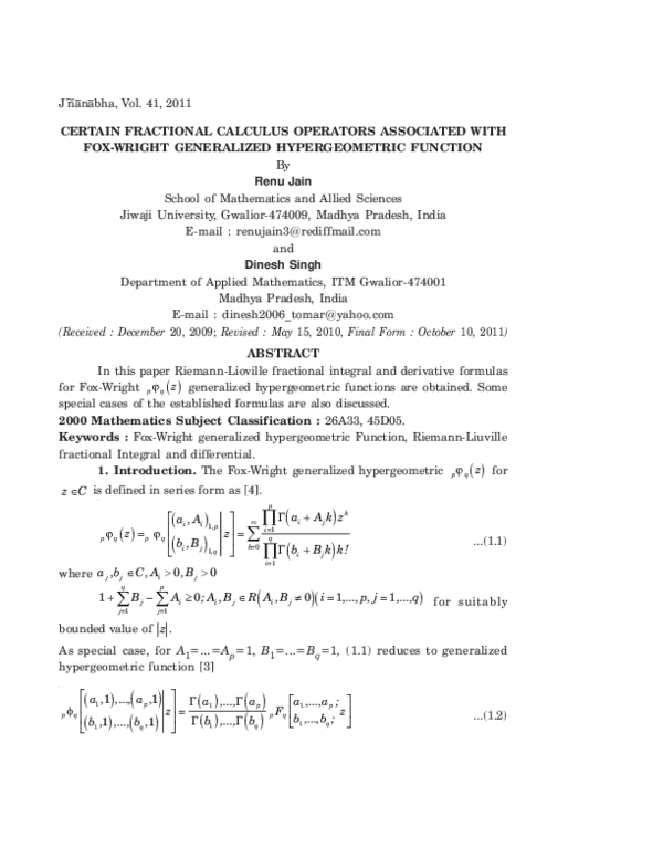 Pdf J~n An Abha Vol 41 2011 Certain Fractional Calculus Operators Associated With Fox