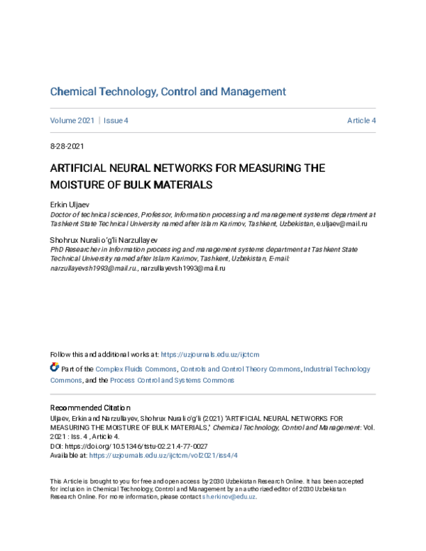 (PDF) Neural Networks for Bulk Material Moisture Measurement
