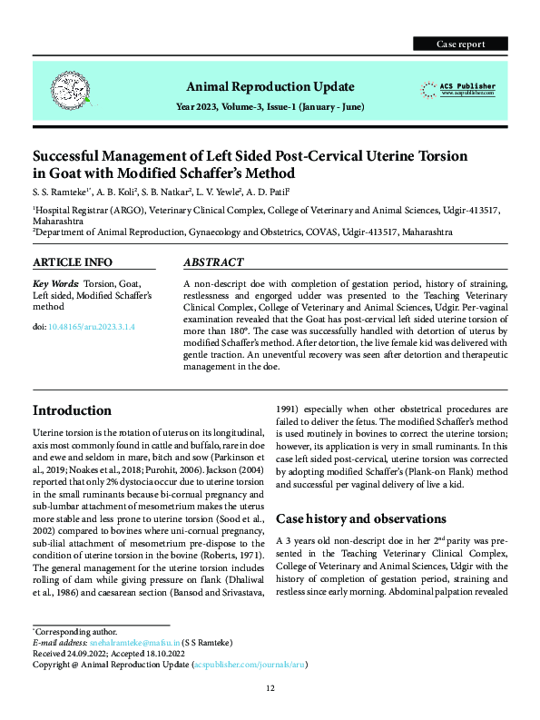 (PDF) Successful Management of Left Sided Post-Cervical Uterine Torsion in Goat with Modified ...