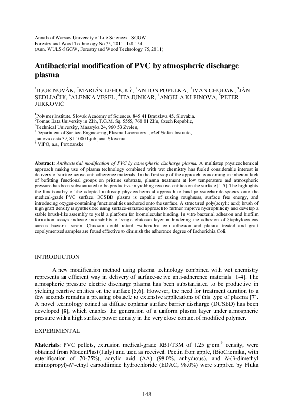 (PDF) Antibacterial modification of PVC by atmospheric discharge plasma