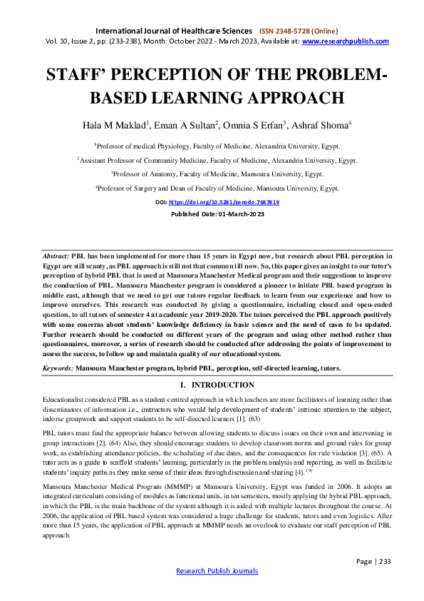 (PDF) STAFF' PERCEPTION OF THE PROBLEM-BASED LEARNING APPROACH