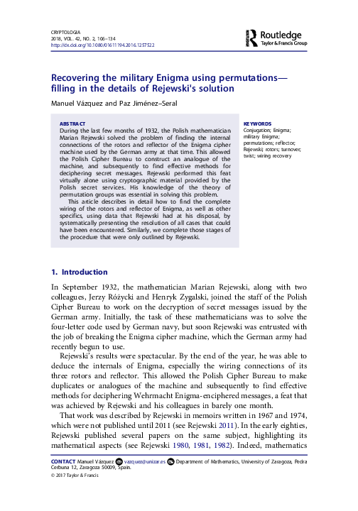 (PDF) Recovering the military Enigma using permutations—filling in the ...