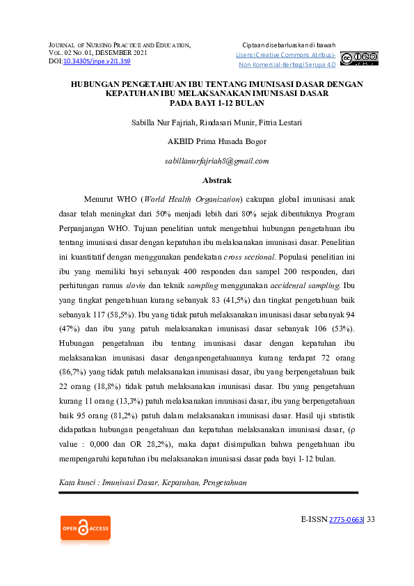 (PDF) Hubungan Pengetahuan Ibu Tentang Imunisasi Dasar Dengan Kepatuhan Ibu Melaksanakan ...