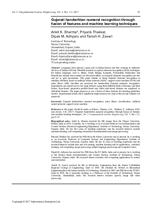 Pdf Gujarati Handwritten Numeral Recognition Through Fusion Of Features And Machine Learning
