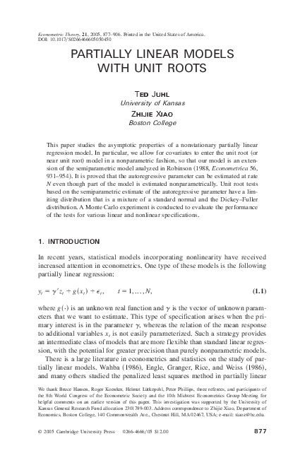 (PDF) Partially Linear Models with Unit Roots | Zhijie Xiao - Academia.edu