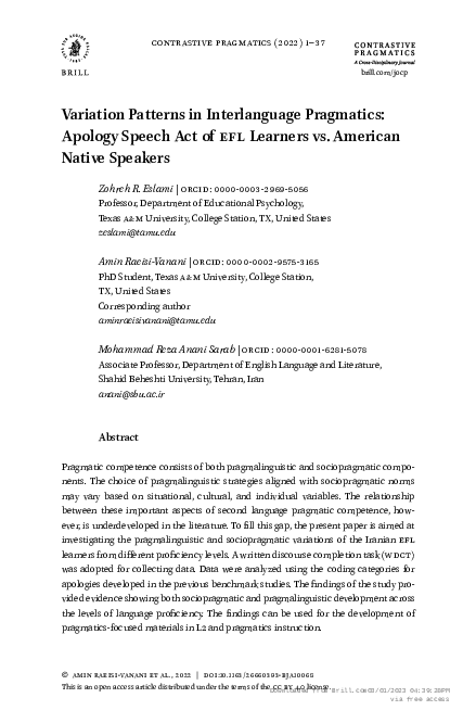 (PDF) Variation Patterns in Interlanguage Pragmatics: Apology Speech Act of EFL Learners vs ...