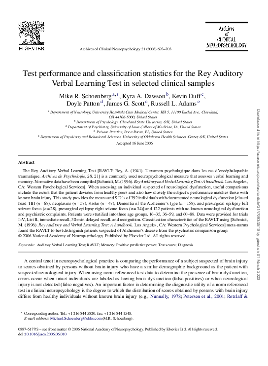 (PDF) Test performance and classification statistics for the Rey ...